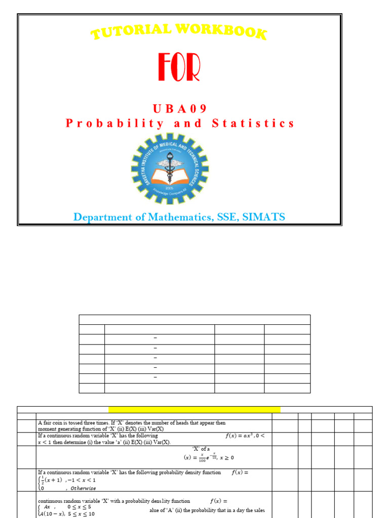 Tutorial Questions With Mapping for UBA09P&S | PDF | Random Variable | Variance