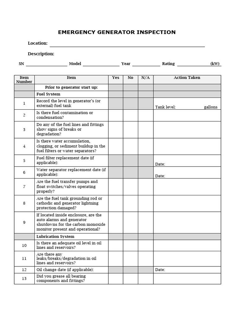 Monthly Generator Inspection Checklist | PDF | Battery Charger | Motor Oil