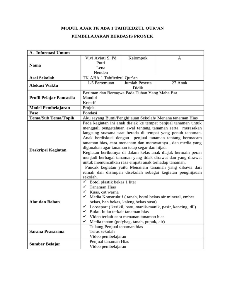 Modul Ajar TK Aku Sayang Bumi | PDF