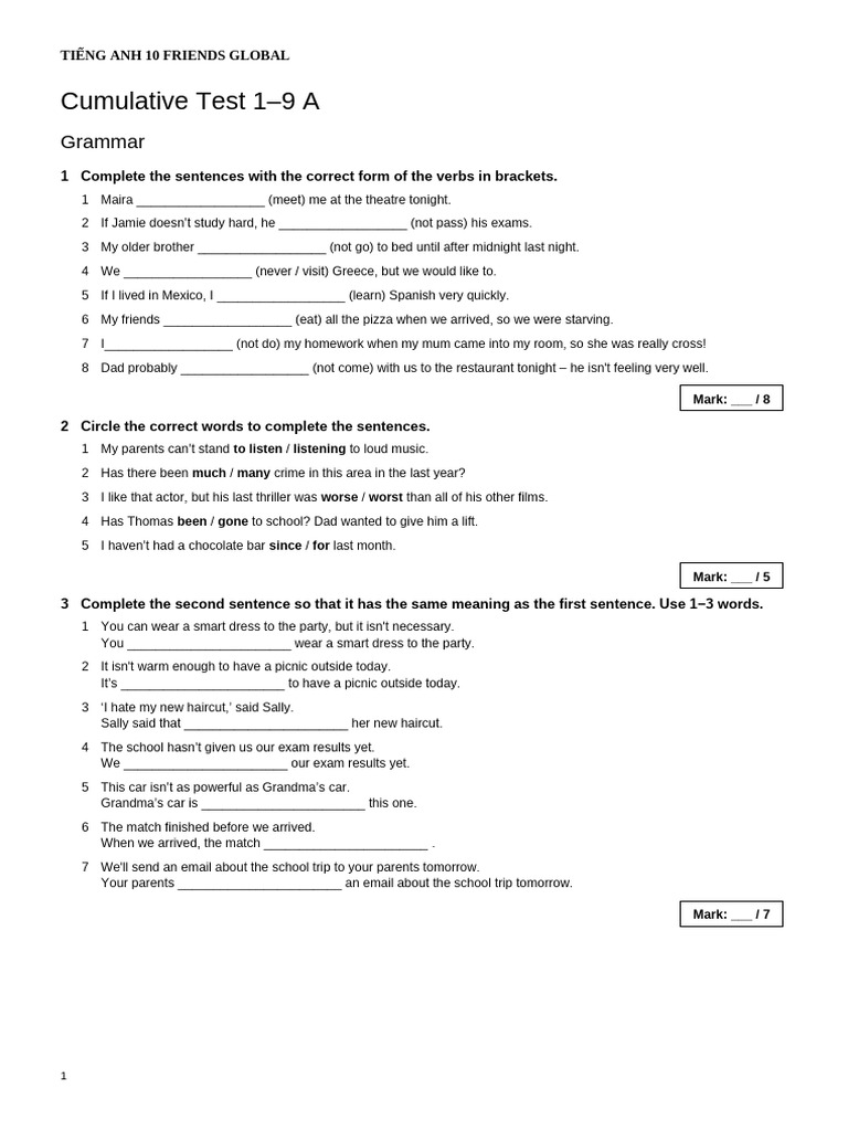 English 10 Friends Global Test Guide | PDF