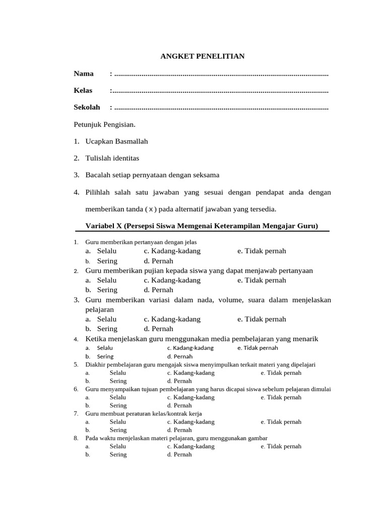 ANGKET PENELITIAN (Instrumen ) | PDF