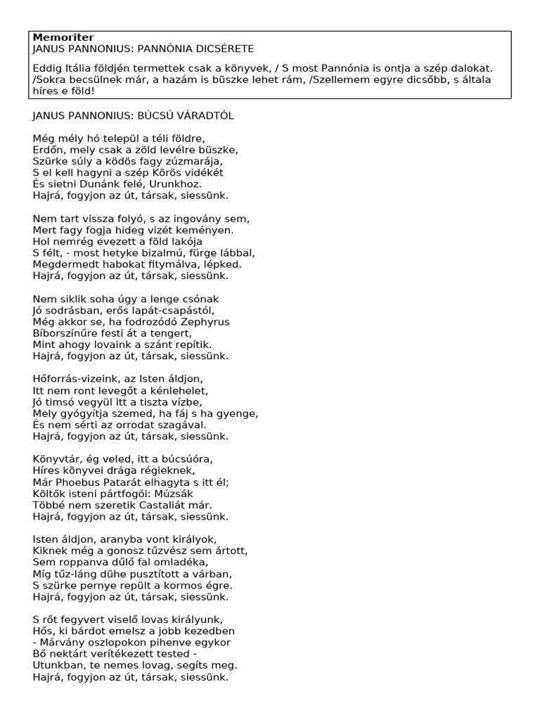 Versek Érettségi Magyar Tétel - Janus Pannonius | PDF