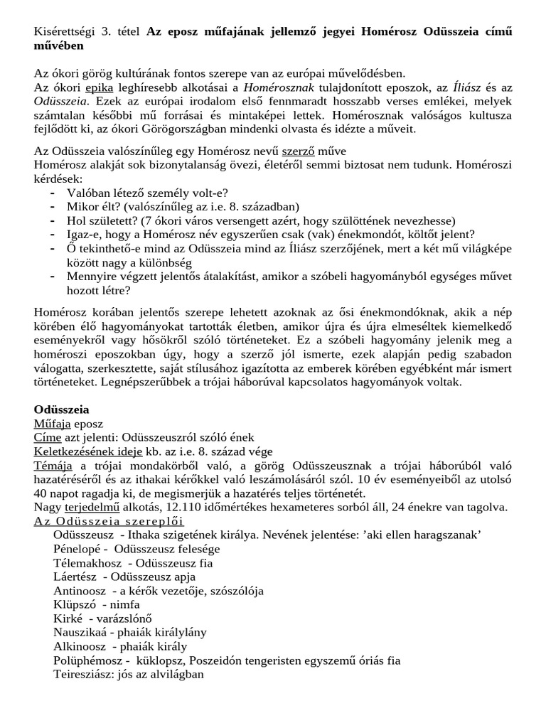 Érettségi Magyar Tétel - Homérosz Odüsszeia | PDF