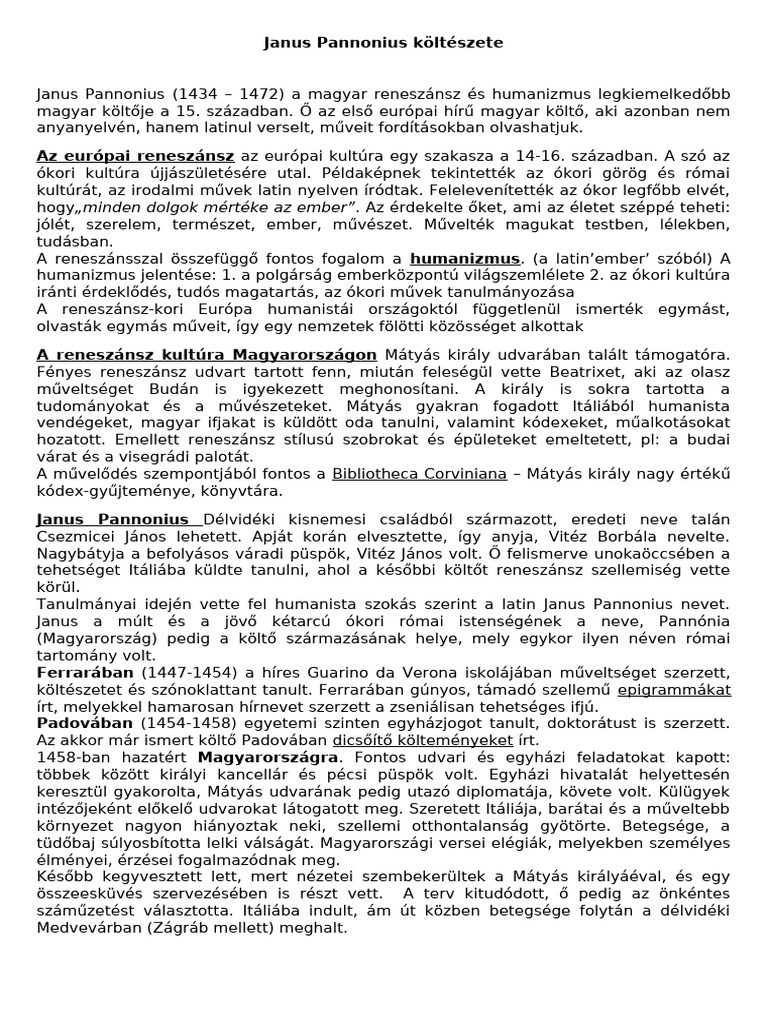 Érettségi Magyar Tétel - Janus Pannonius | PDF