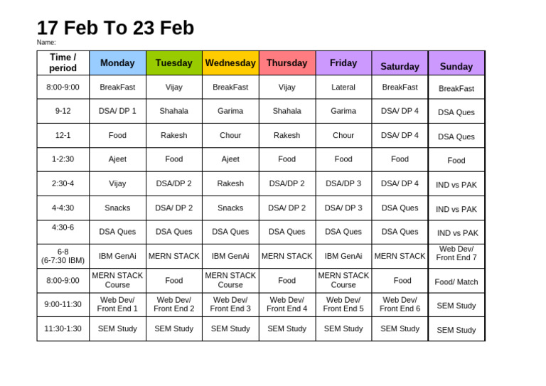 Timetable Monday To Friday in Colour | PDF