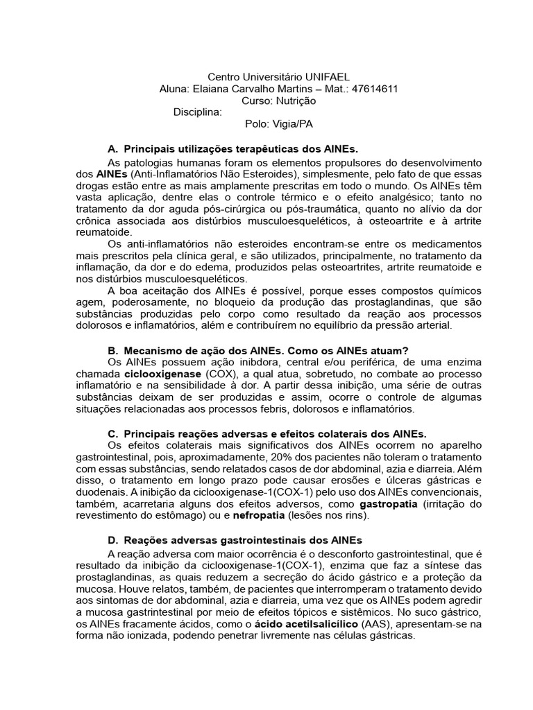 AINEs: Uso, Mecanismo e Efeitos Colaterais | PDF | Anti-inflamatório ...