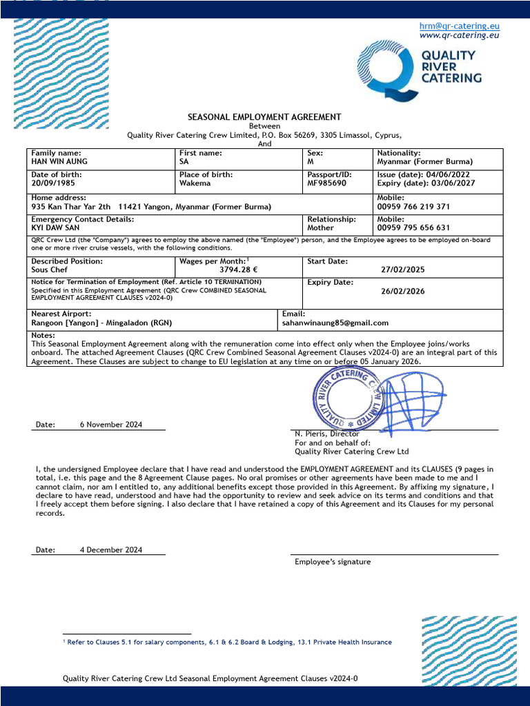 Seasonal Sous Chef Employment Contract | PDF | Employment | Myanmar