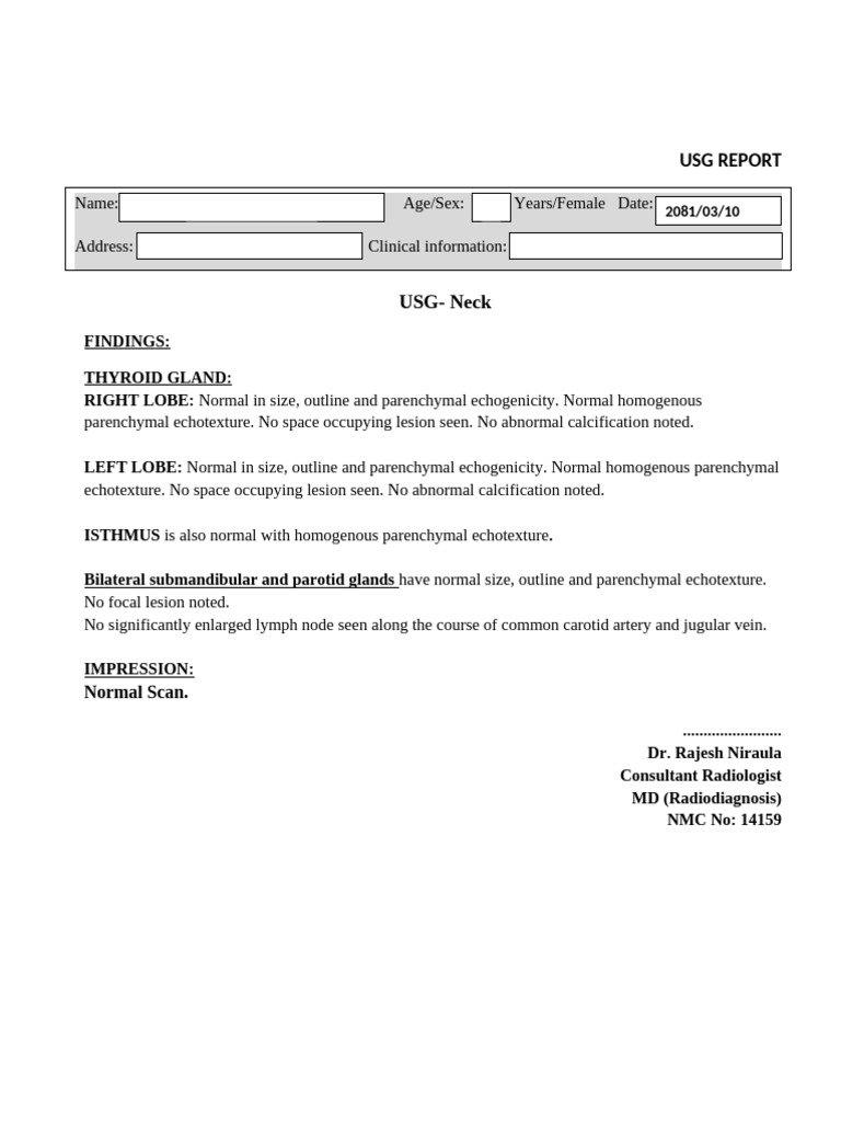 Normal USG Neck Report Findings | PDF