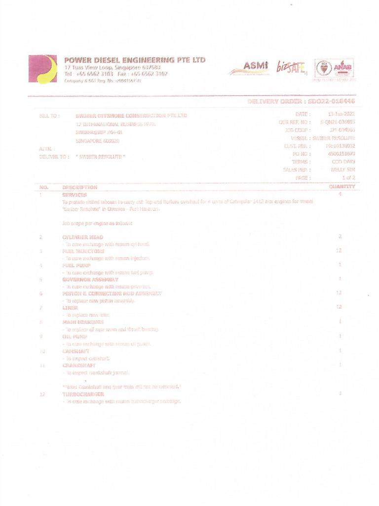 Power Diesel Work Order For Overhauling Cat Engien | PDF