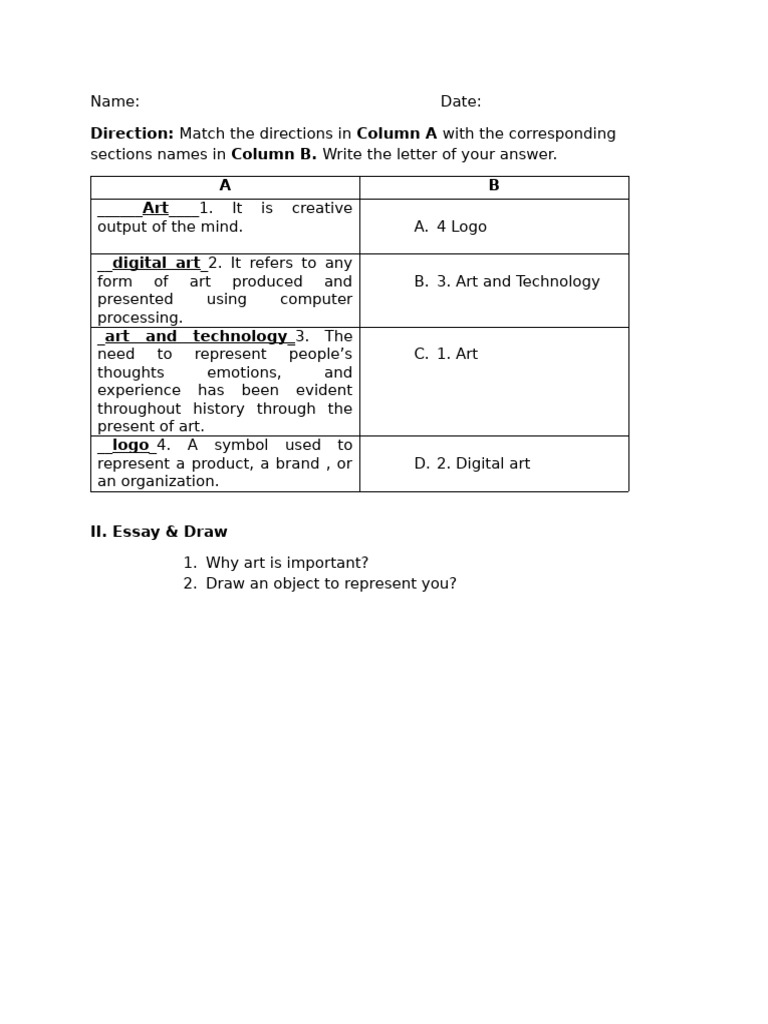 Direction: Column A Column B. A B Art | PDF