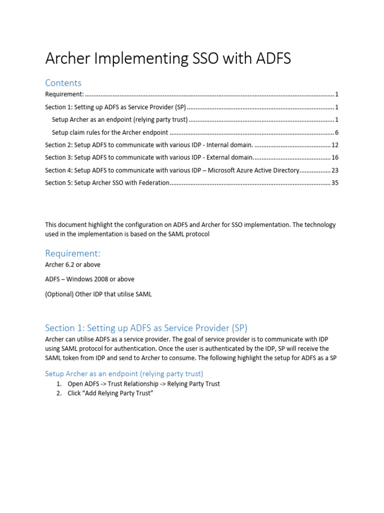 Archer Implementing SSO With ADFS | PDF | Active Directory | Xml Schema