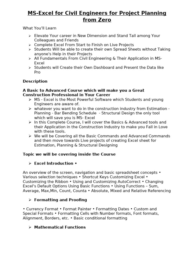 MS-Excel For Civil Engineers For Project Planning From Zero | PDF | Microsoft Excel | Software