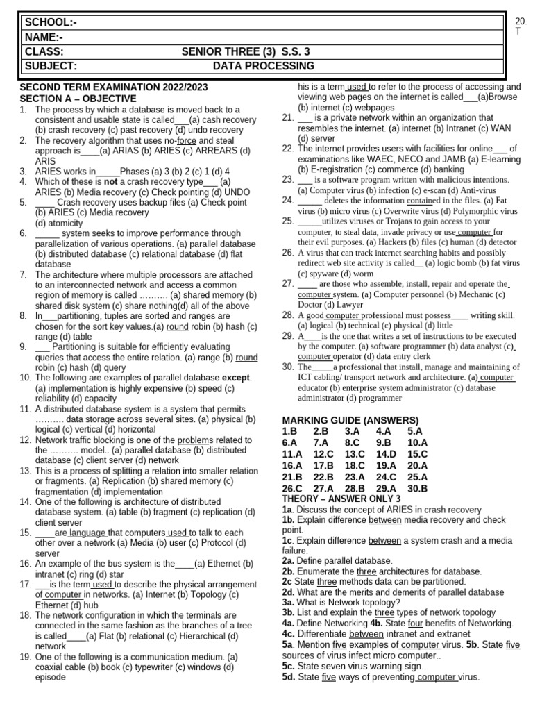Data Processing Exam Questions 2023 | PDF | Computer Network | Databases