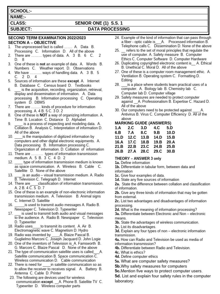 Data Processing Ss1 2nd T-exam | PDF | Radio | Telecommunications
