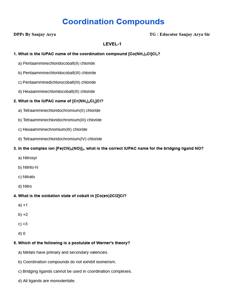 Coordination Compounds - DPP 2 - Nomenclature of Complexes | PDF ...