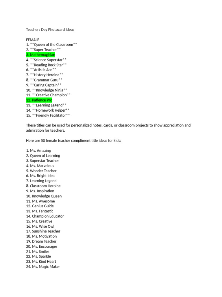 Creative Teacher Photocard Titles | PDF