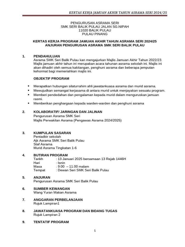 Kertas Kerja Jamuan Akhir Tahun Asrama 2024-25 | PDF