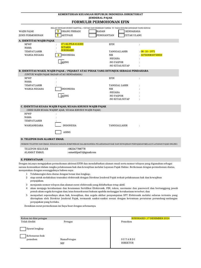 Permohonan EFIN An Sutardi | PDF