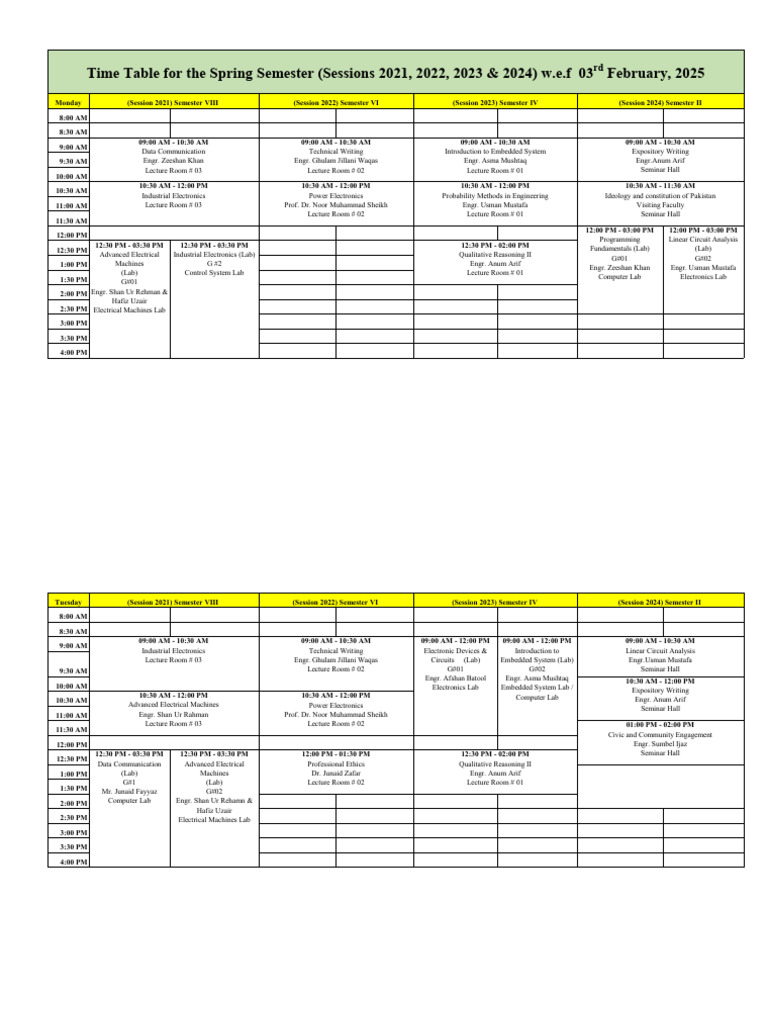 Time Table Spring, 2025 | PDF | Computer Engineering | Electronics