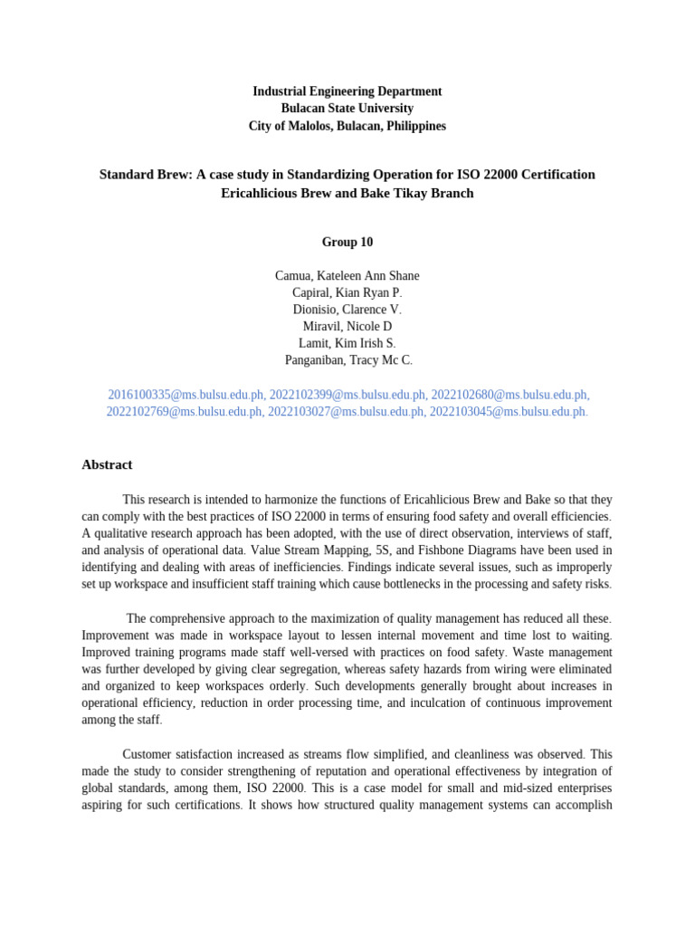 Standard Brew - A Case Study in Standardizing Operation For ISO 22000 Certification ...