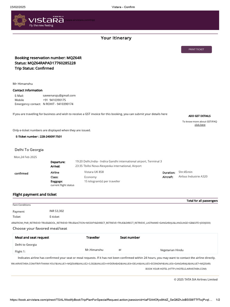 Himanshu 358673934-Vistara-Confirm PDF | PDF | Transport | Civil Aviation