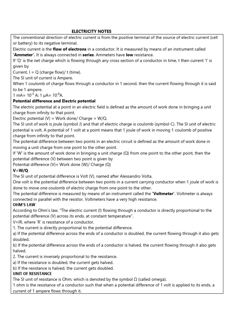 DoeELECTRICITY NOTES | PDF | Voltage | Electric Current