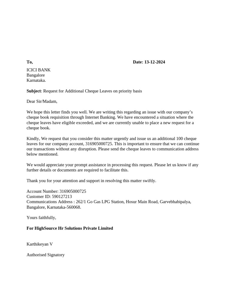 Cheque Book Req Letter | PDF