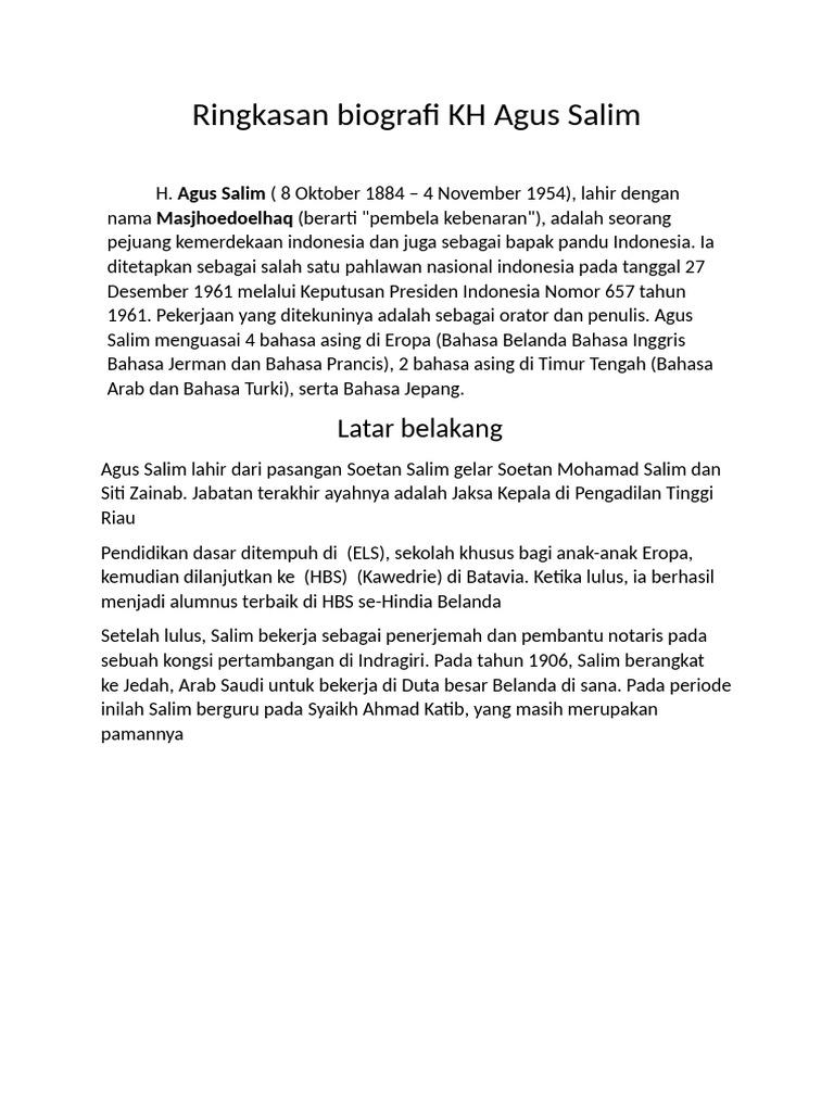 Ringkasan Biografi KH Agus Salim | PDF