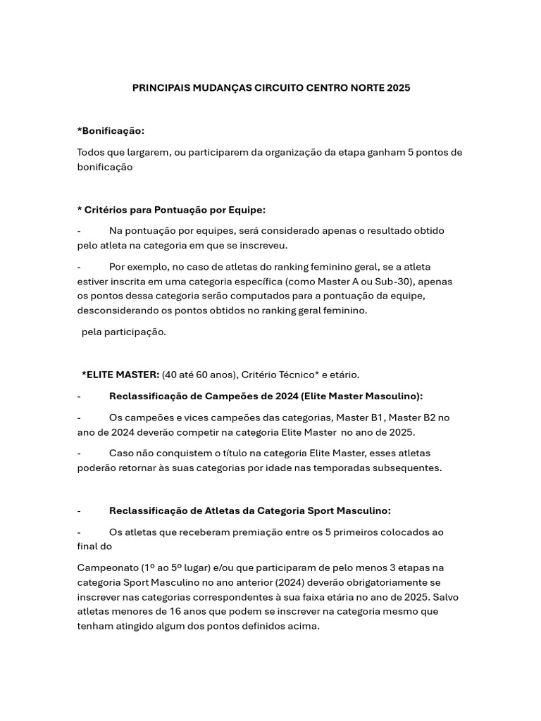 Mudanças Circuito Centro Norte 2025 | PDF