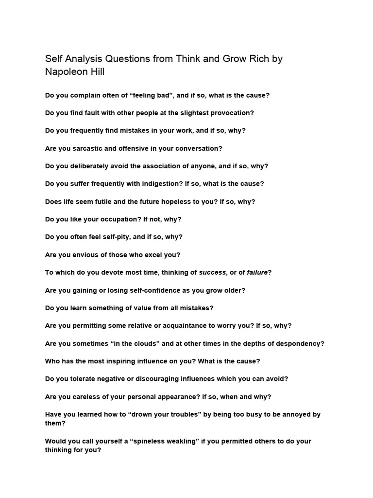 Self-Reflection Questions from Hill's Classic | PDF | Mind ...