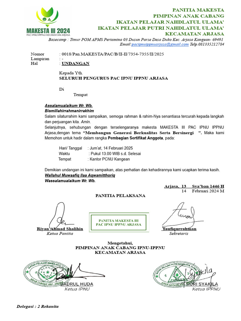 SURAT UNDANGAN PAC IPNU IPPNU ARJASA | PDF