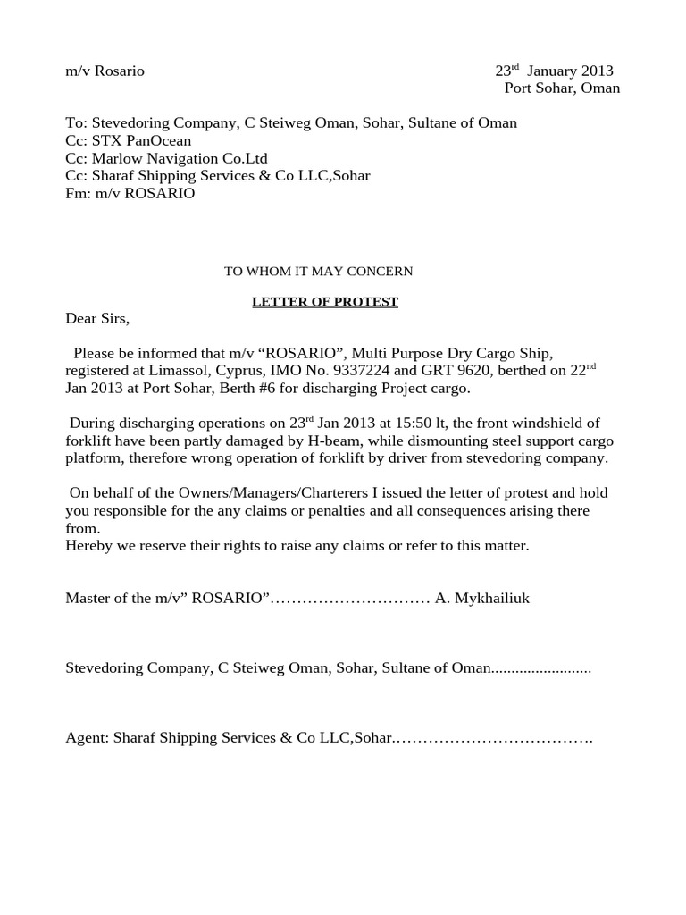 Letter of Protest from m/v Rosario | PDF