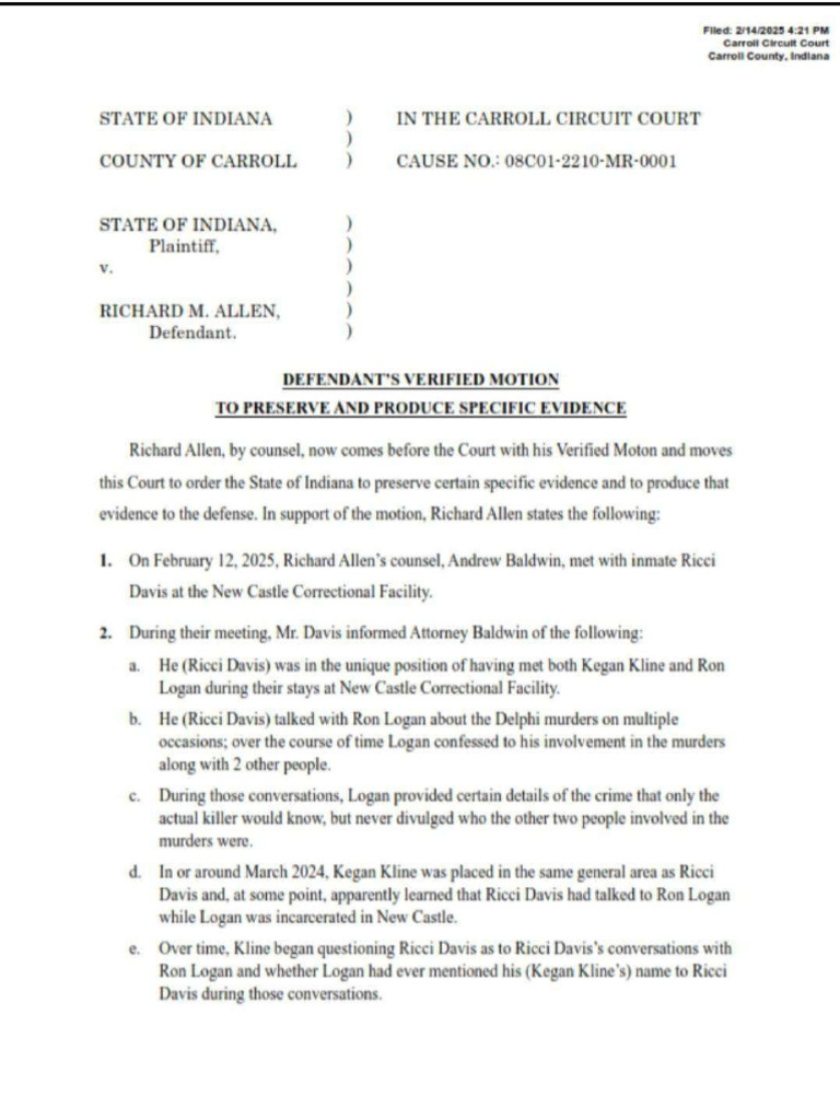 Richard Allen - Motion To Preserve & Produce Specific Evidence | PDF