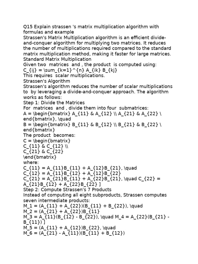 Q15 Explain Strassen 'S Matrix | PDF | Matrix (Mathematics) | Mathematical Analysis