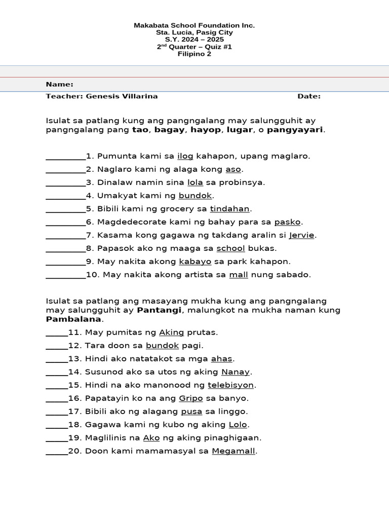 Pangngalan Worksheet | PDF