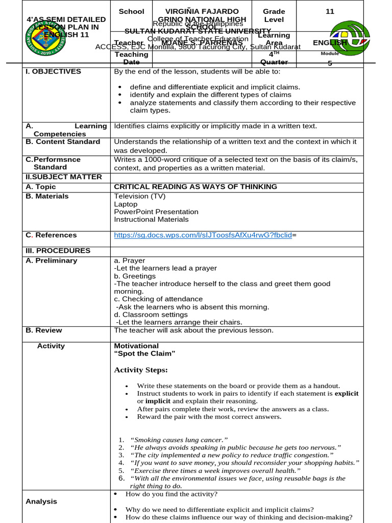 Parrenas Semi-Detailed1 | PDF | Teachers | Learning