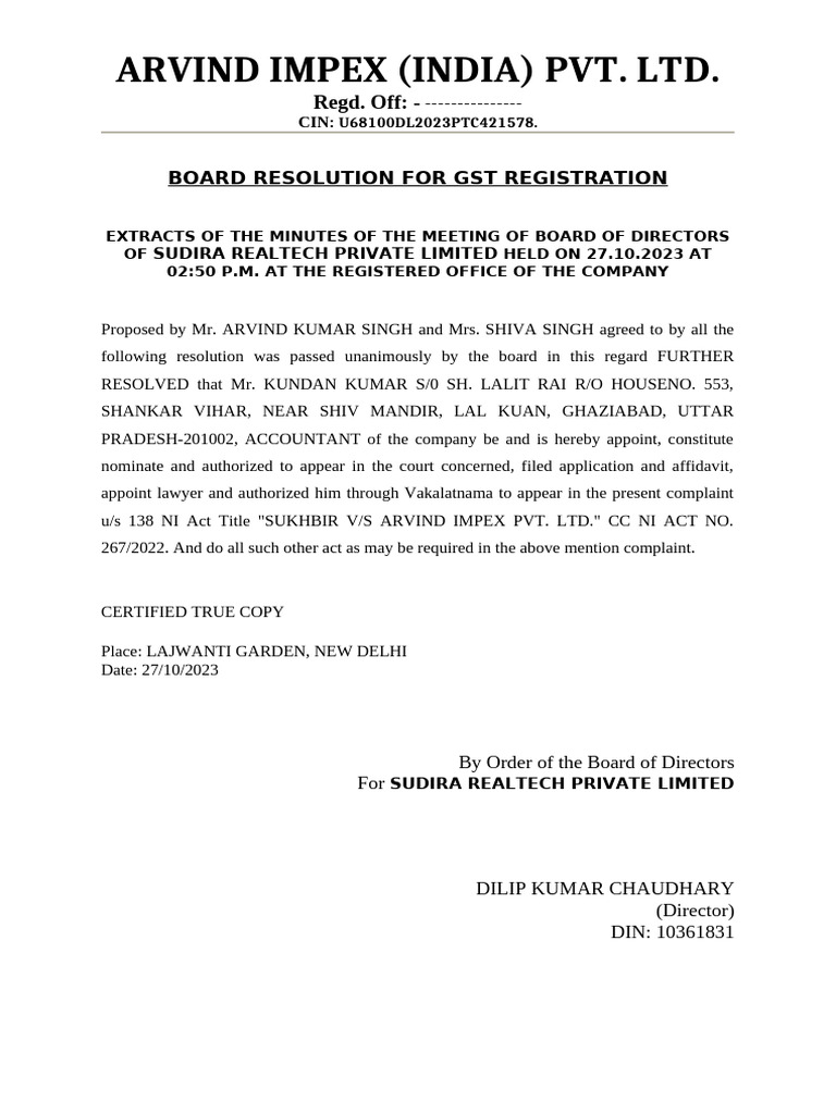 Board Resolution for GST Registration | PDF