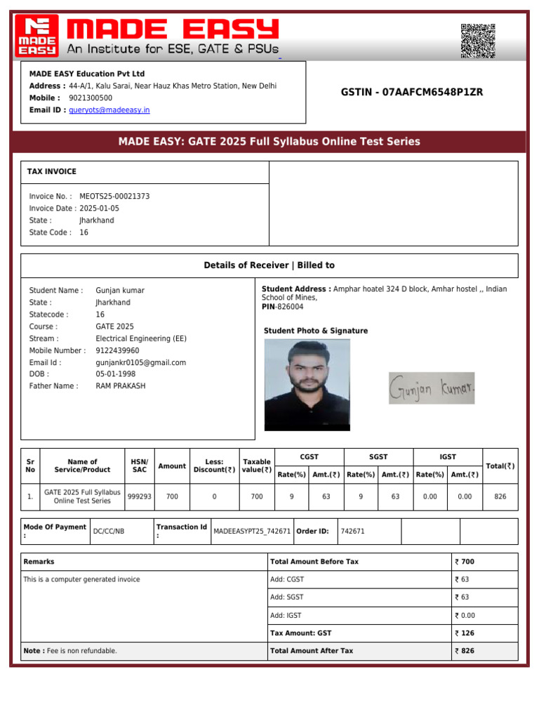 GATE 2025 Online Test Series Invoice | PDF | Government | Public Finance