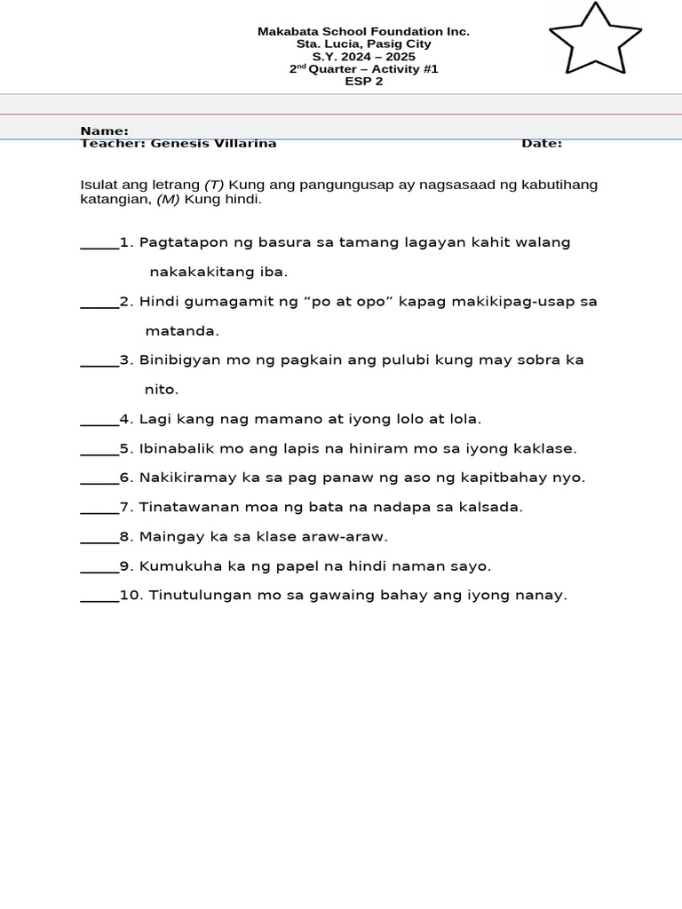 Mabuting Bata Worsheet | PDF