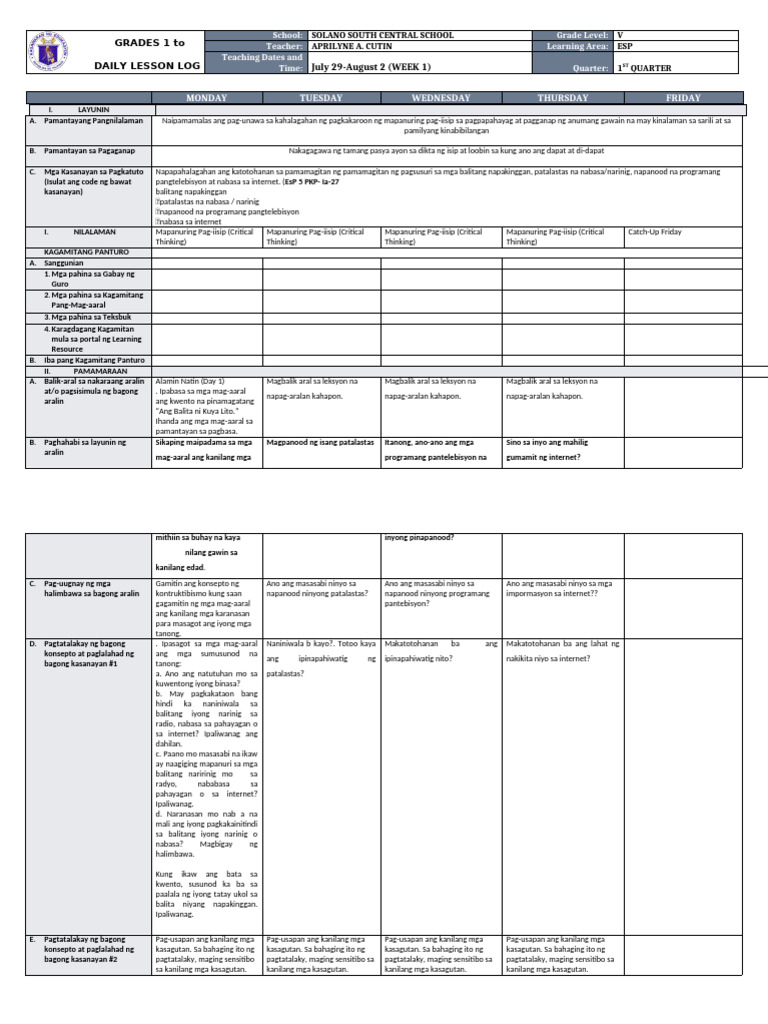 DLL_ESP 5_Q1_W1 | PDF