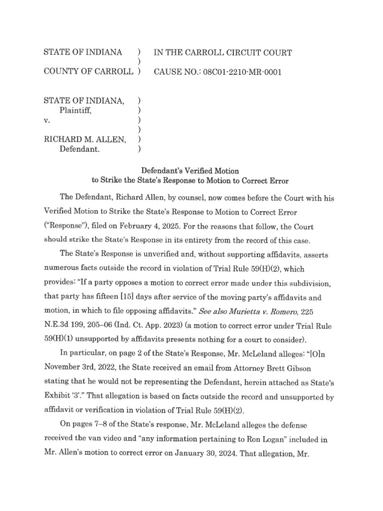 Richard Allen - Defendant's Verified Motion To Strike The State's Response To Correct Error ...