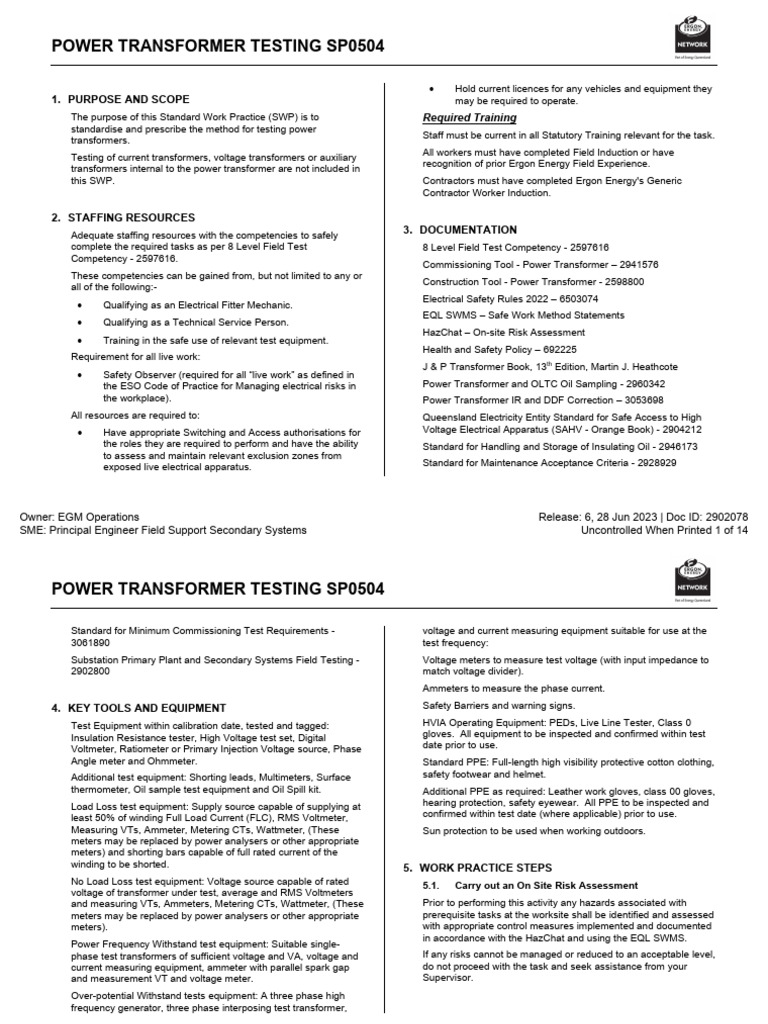 Power Transformer Testing Procedures | PDF | Transformer | Insulator ...
