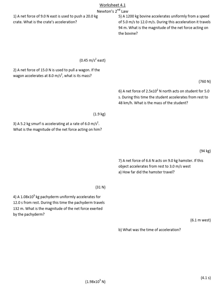 Worksheet - X - Newton's 2nd Law | PDF | Force | Acceleration