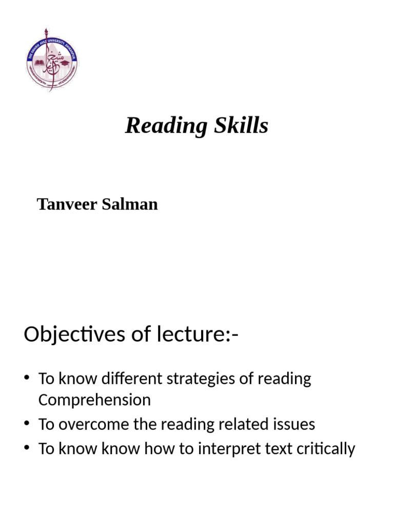 Reading Skills Lecture | PDF | Speed Reading | Reading Comprehension