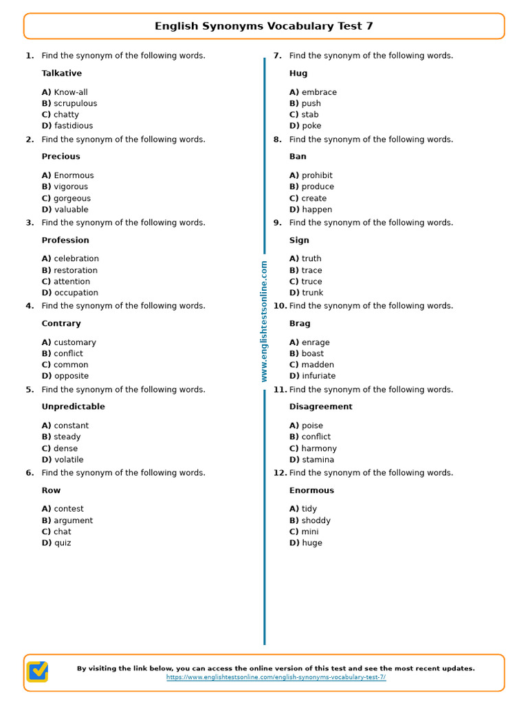 1662 English Synonyms Vocabulary Test 7 | PDF | Interpretation ...