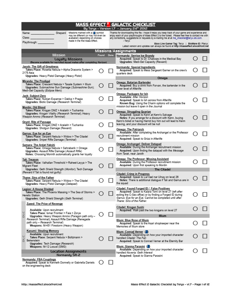 Mass Effect 2 Mission Checklist | PDF | Firearms