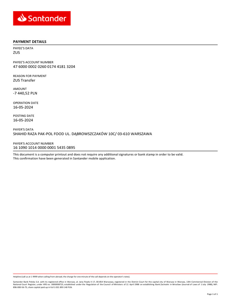 ZUS Payment Confirmation Details | PDF