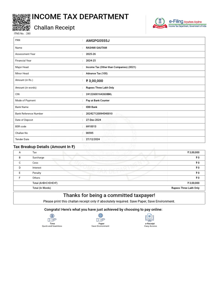 Advance Tax Challan of Ms. Rashmi Gautham | PDF | Economies | Public ...