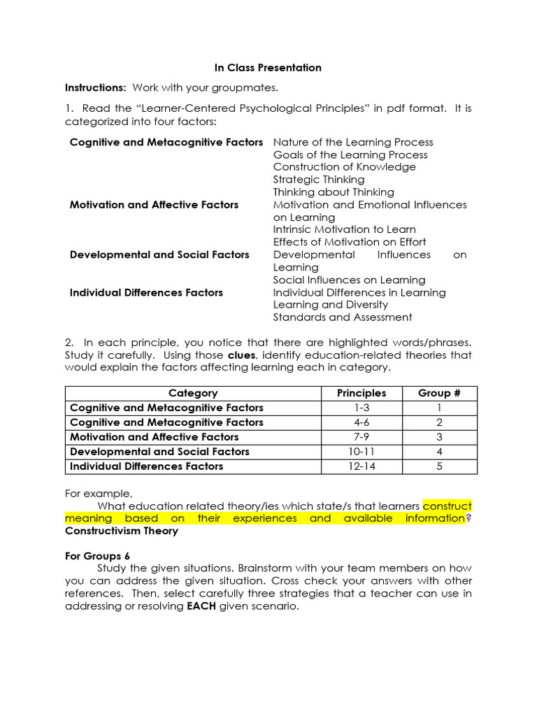 In Class Presentations - Learner-Centered Psychological Principles | PDF | Learning | Metacognition