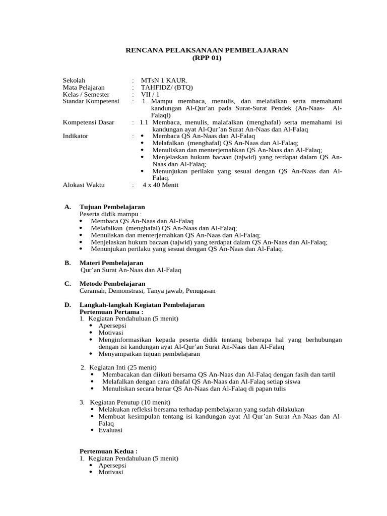 RPP KELAS 7 TAHFIDZ | PDF